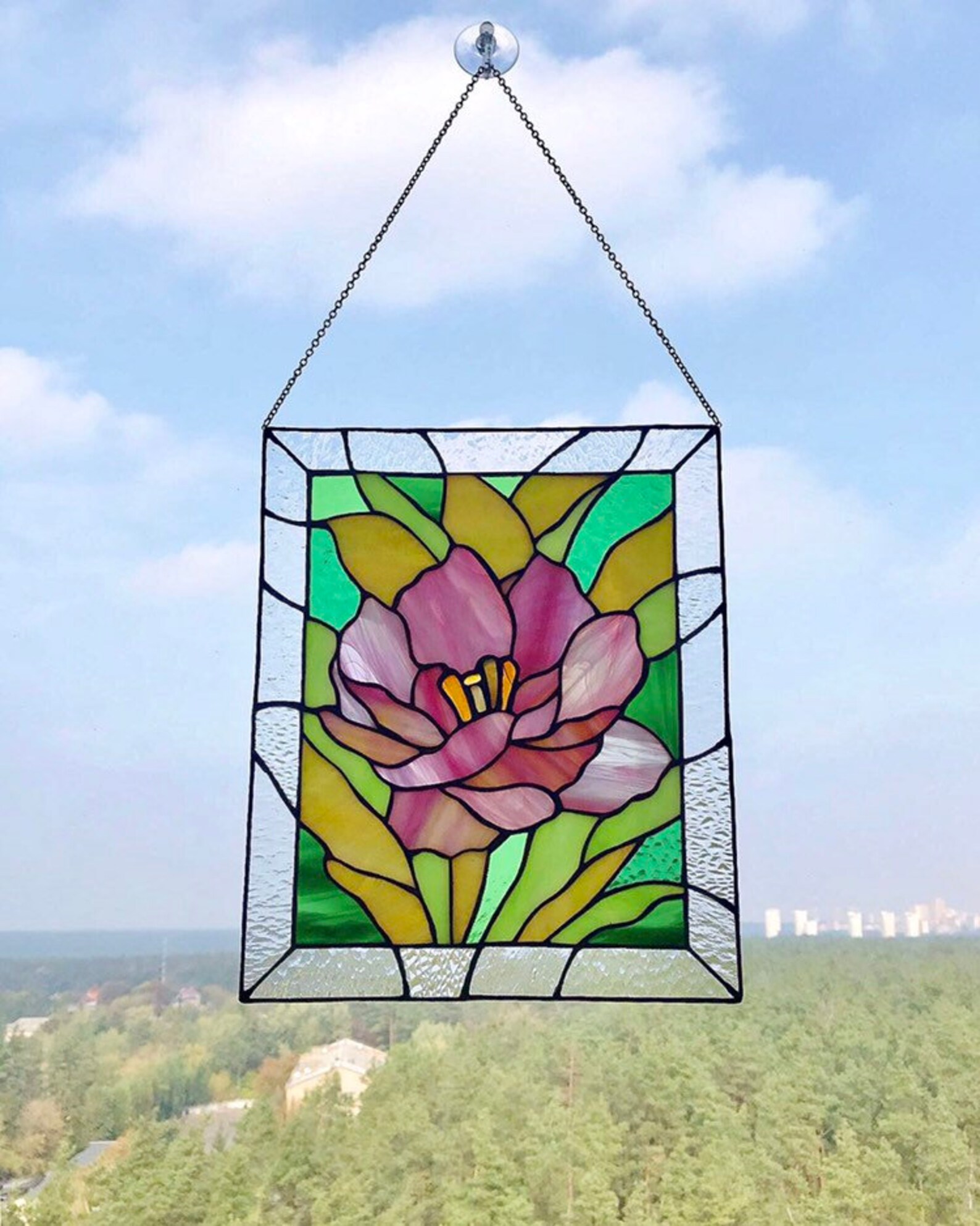 Peony Stained Glass Panel Window Hanging Stained Glass Home - Etsy