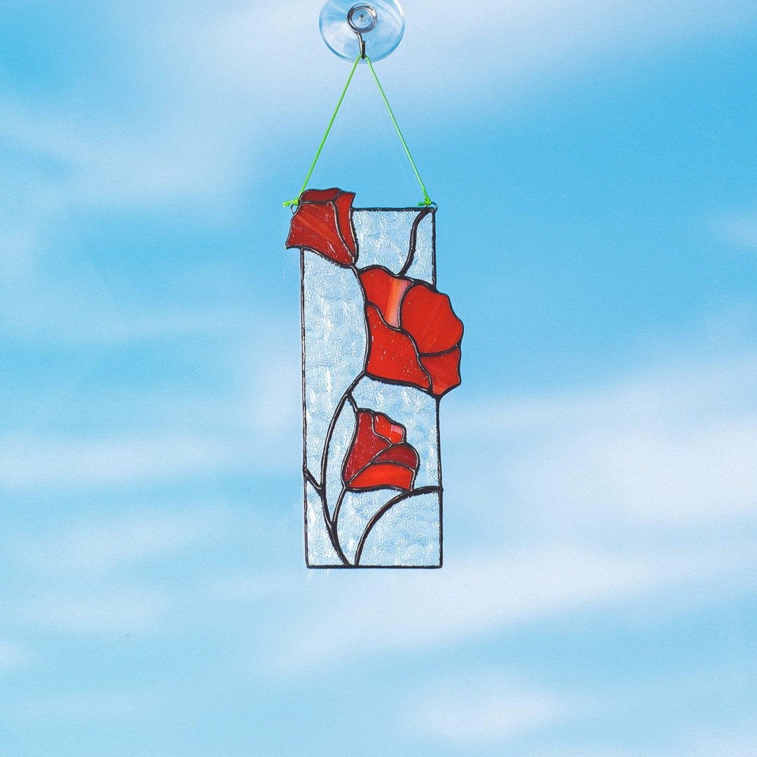 Red Poppy Stained Glass Suncatcher: Kitchen Window Hanging Decor - Etsy