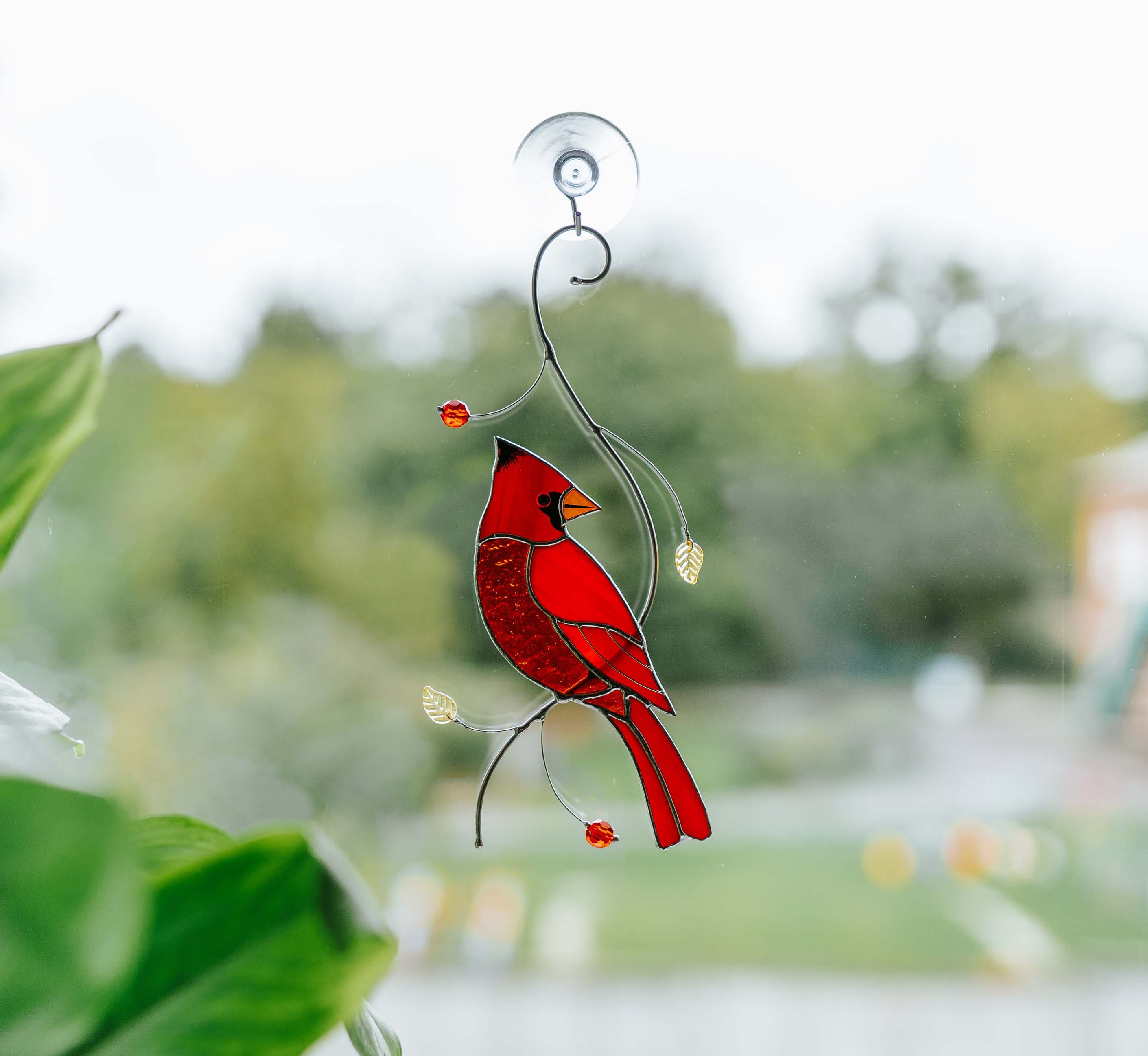 Red Cardinal Stained Glass Window Hangings Christmas Bird | Etsy Canada