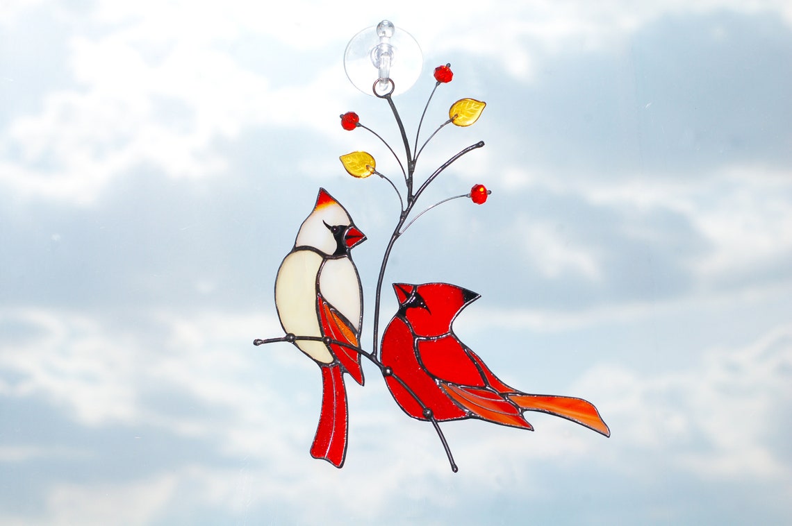 Couple of Red Cardinals Stained Glass Decor Custom Stained - Etsy