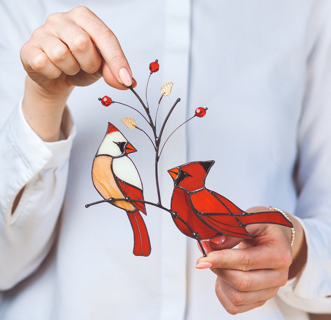 Couple of Red Cardinals Stained Glass Decor Custom Stained - Etsy