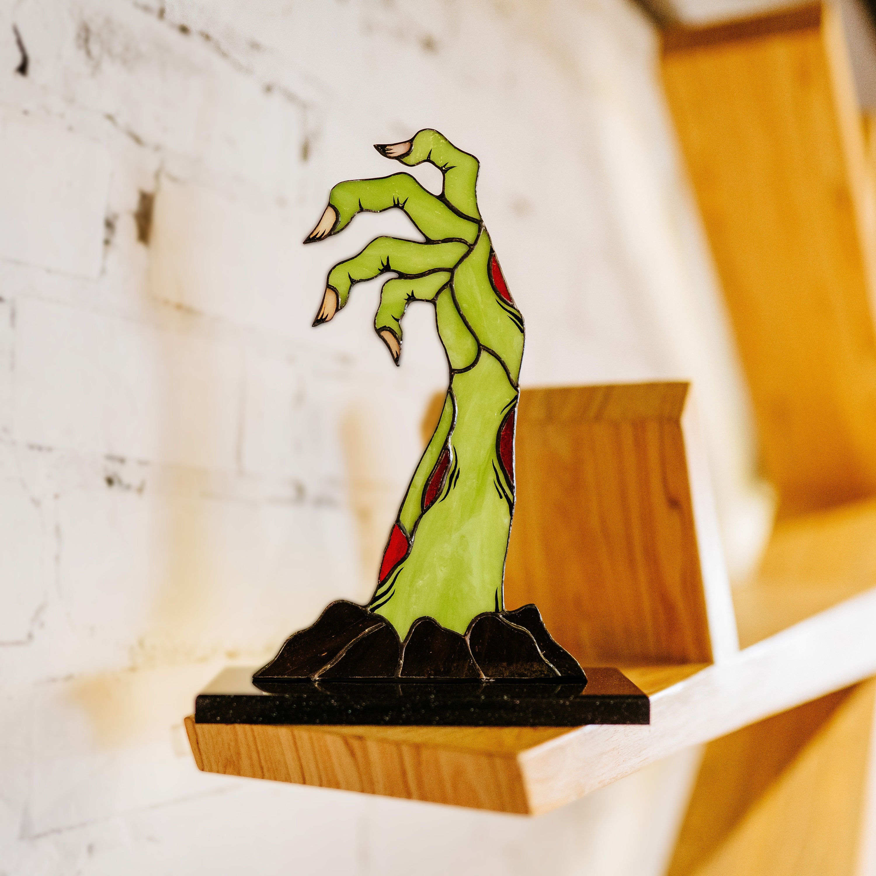 Zombie Hand Stained Glass Suncatcher on Stone Stand Halloween - Etsy