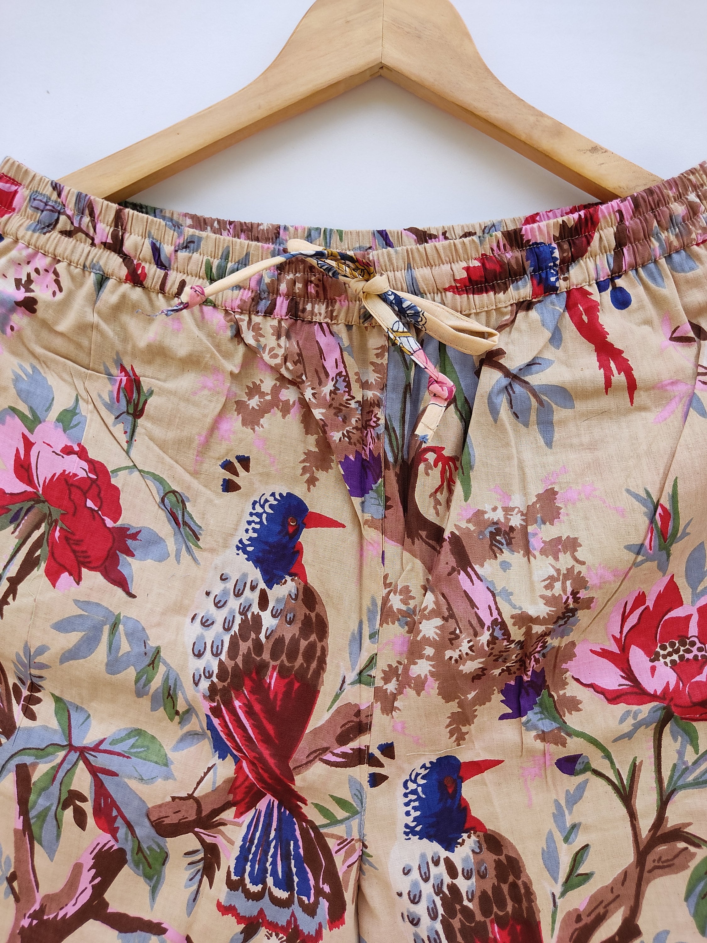 Bird Print Cotton Pajama Pants, Women Lounge Pants, Beach Pants, Floral ...