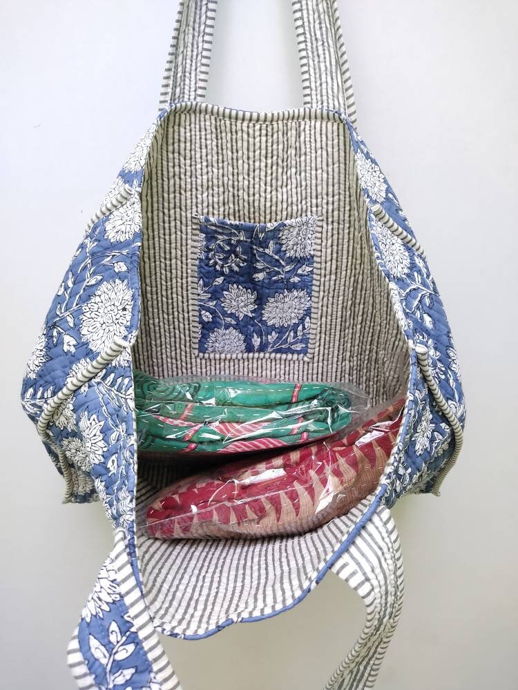Handmade Quilted Tote Shopping Bag Block Print Cotton Market - Etsy