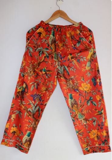 Bird Print Cotton Pajama Pants, Women Lounge Pants, Beach Pants, Floral ...