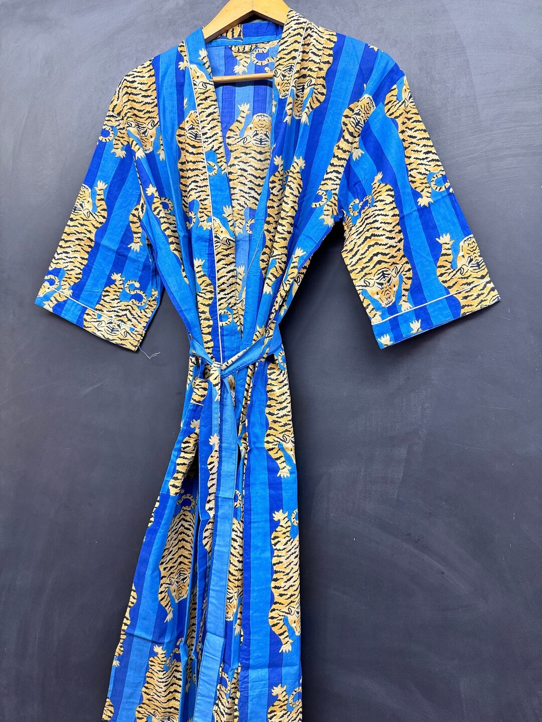 Blue Tiger Print Cotton Kimono Robes, Soft and Comfortable Bathrobes ...
