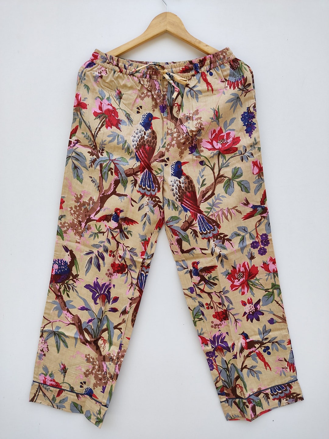 Bird Print Cotton Pajama Pants, Women Lounge Pants, Beach Pants, Floral ...