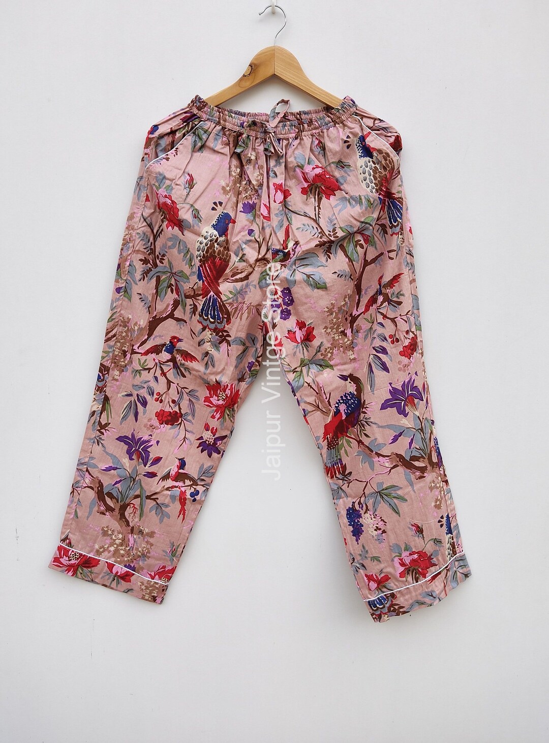 Bird Print Cotton Pajama Pants, Women Lounge Pants, Beach Pants, Floral ...
