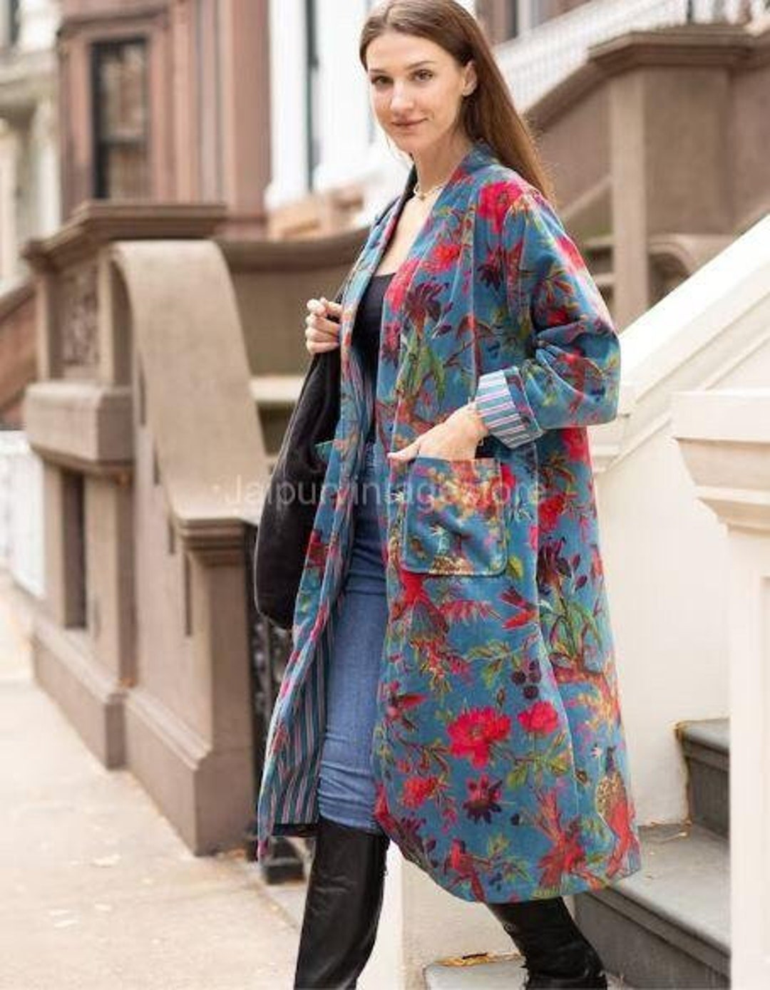 Blue Bird Print Velvet Kimono Robes, Morning Tea Velvet Coat ...