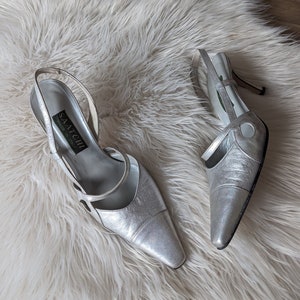 Silver Saatchi Slingback Heels, Size EU 40, Full Leather, Made in Italy ...
