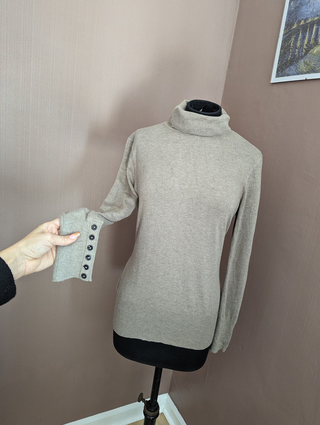 Taifun Tan Turtleneck Jumper - Button Sleeve Detail, Size S - Etsy