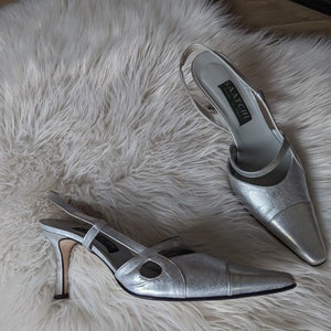Silver Saatchi Slingback Heels, Size EU 40, Full Leather, Made in Italy ...