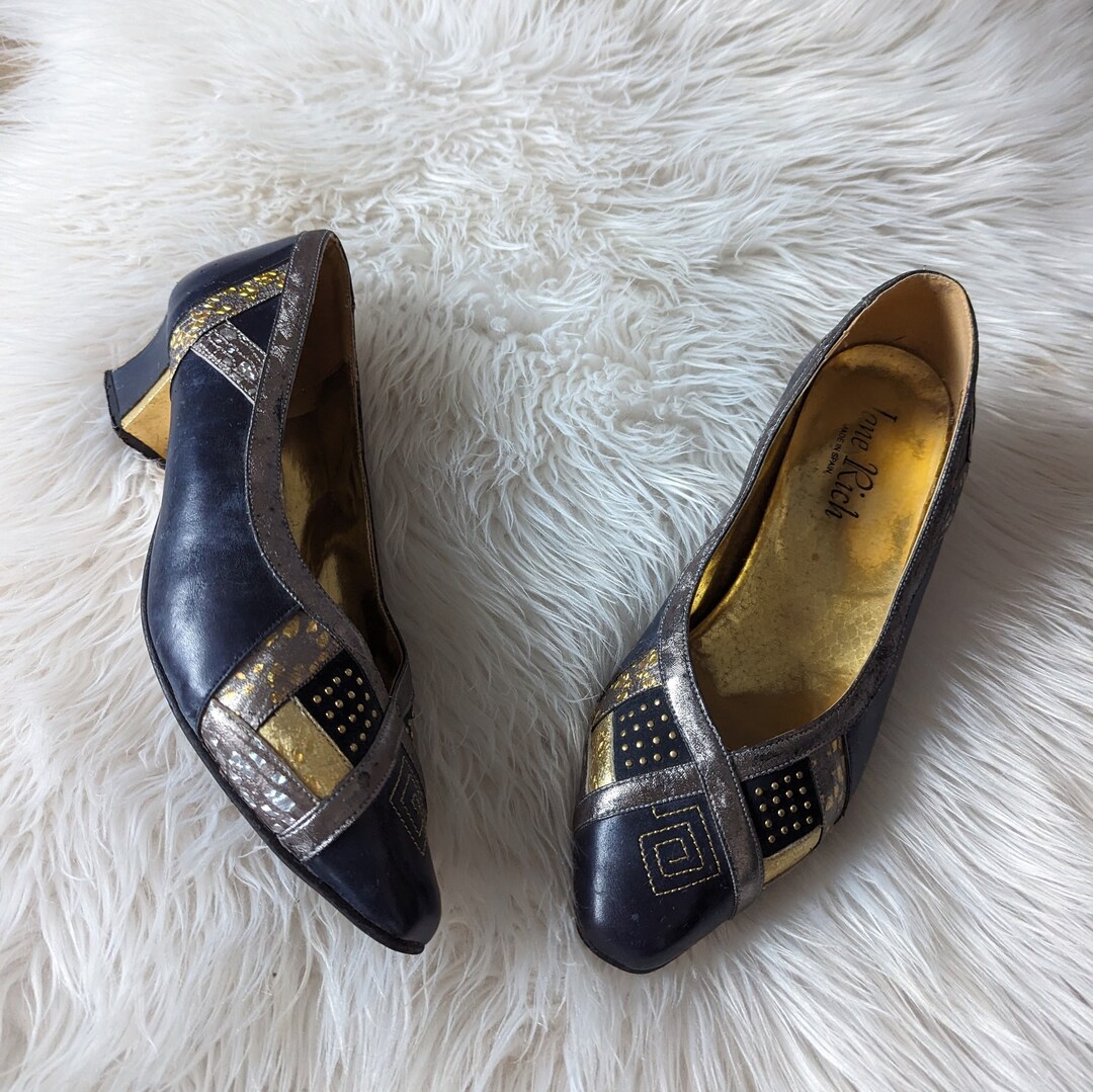 Navy and Gold Leather Court Shoes, Size UK 6.5, Jane Rich, Made in ...