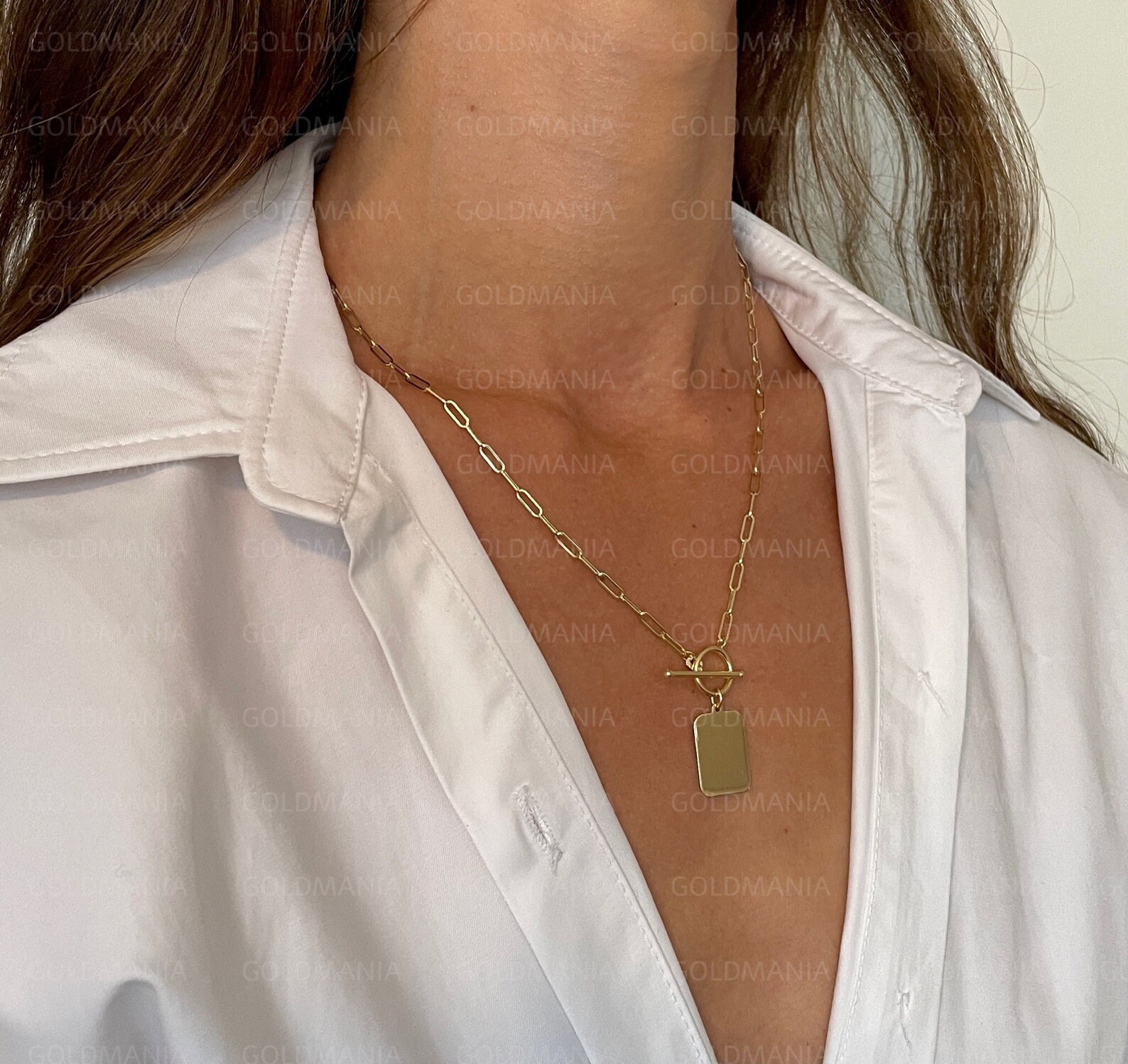 14K Yellow Gold Paperclip Tag Necklace With Toggle Lock - Etsy