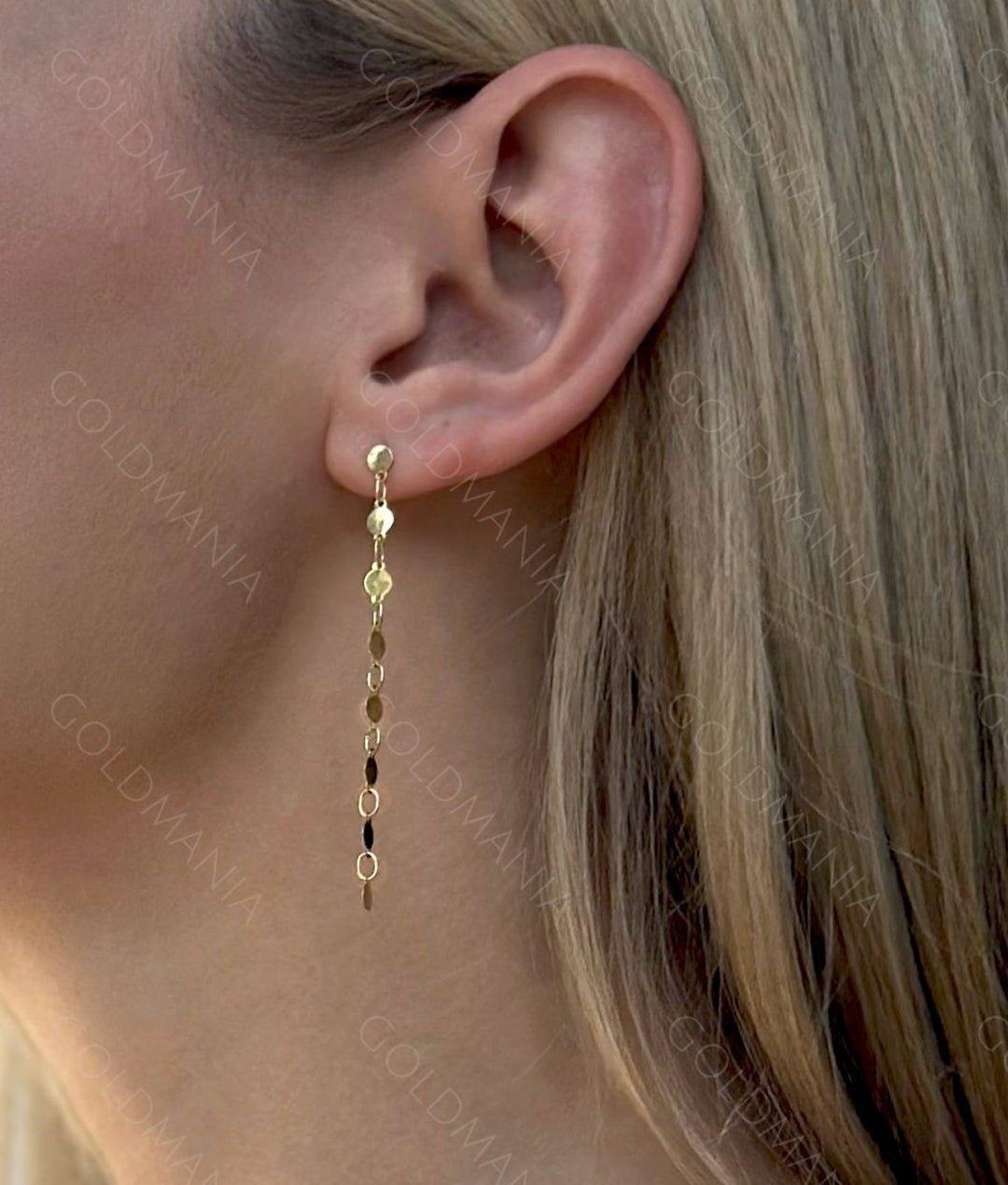 14K Solid Yellow Gold Mirror Drop Chain Earring Set Real Gold - Etsy