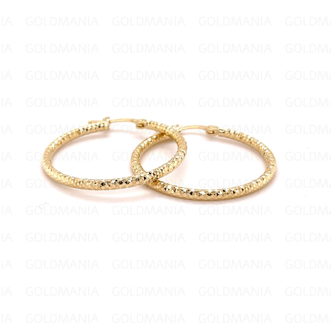 14K Gold Diamond Cut Hoop Earrings, Real Gold Hoops, 25mm, Textured ...
