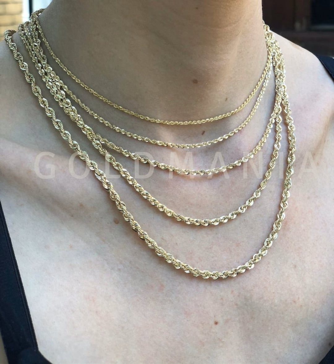 10K Solid Yellow Gold Diamond Cut Rope Chain Necklace: Women's Twist ...