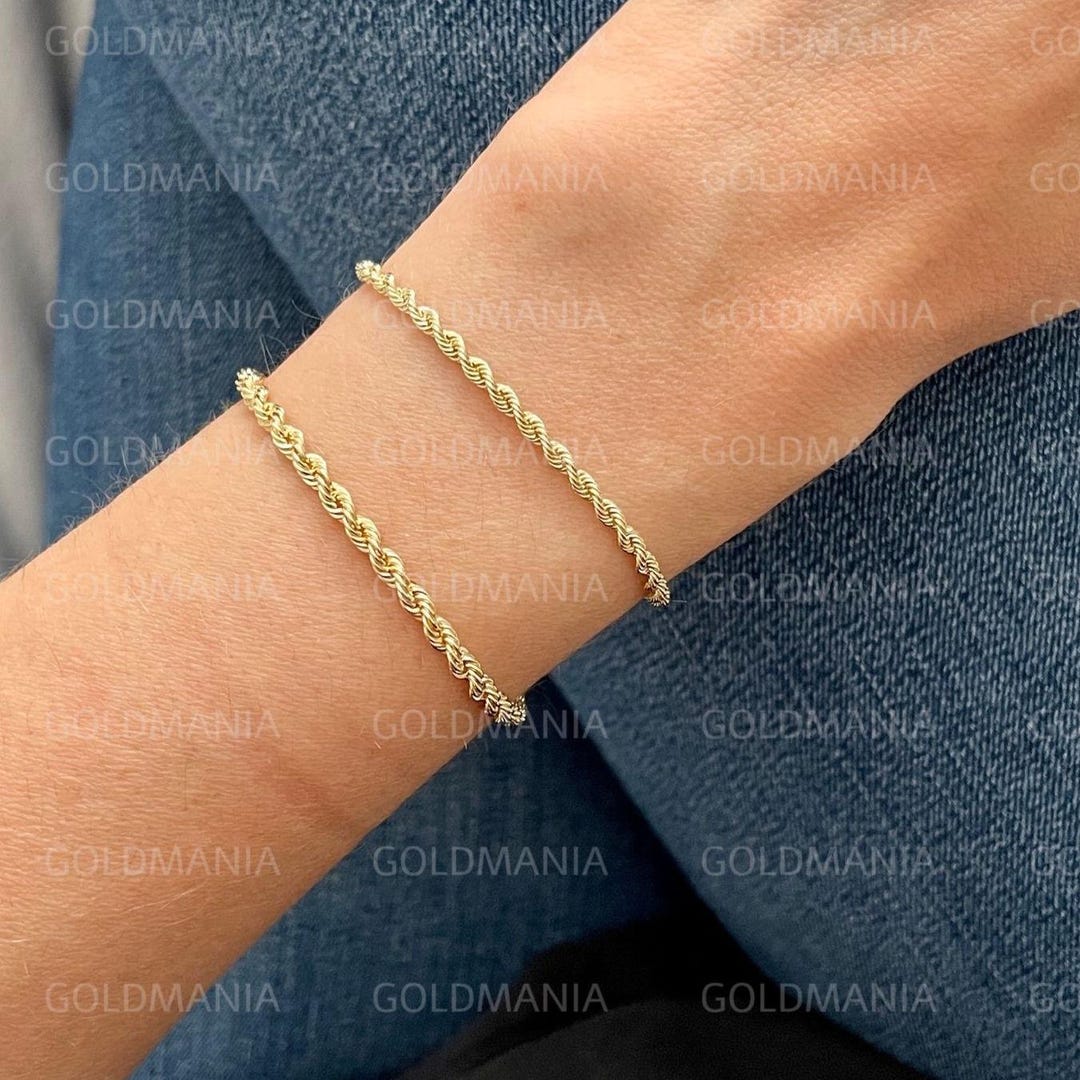 14K Solid Gold Rope Bracelet, Real Gold Bracelet, 2.5mm 3mm Thick, 7' 8 ...