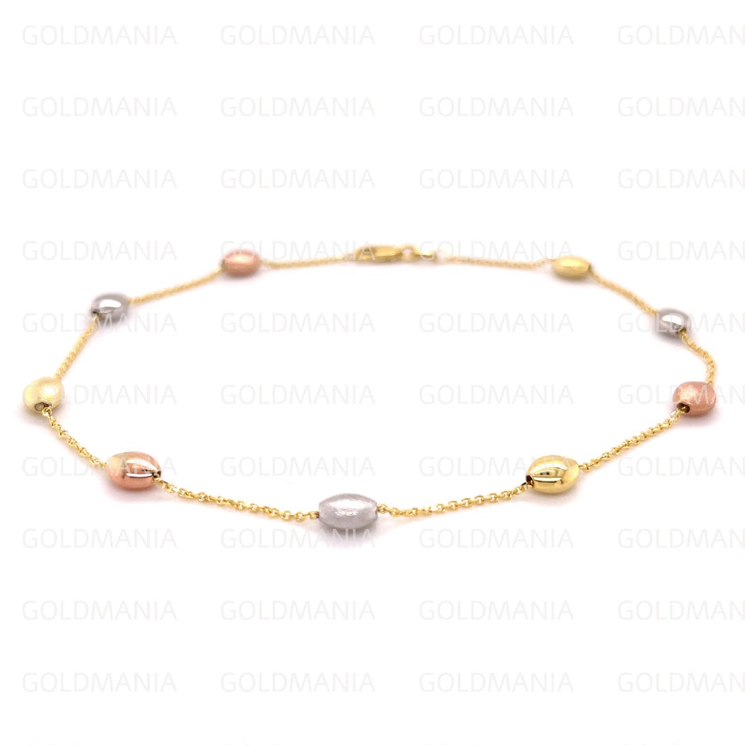 14K Tricolor Gold Satin and Polished Pebble Bead Anklet, Yellow White ...