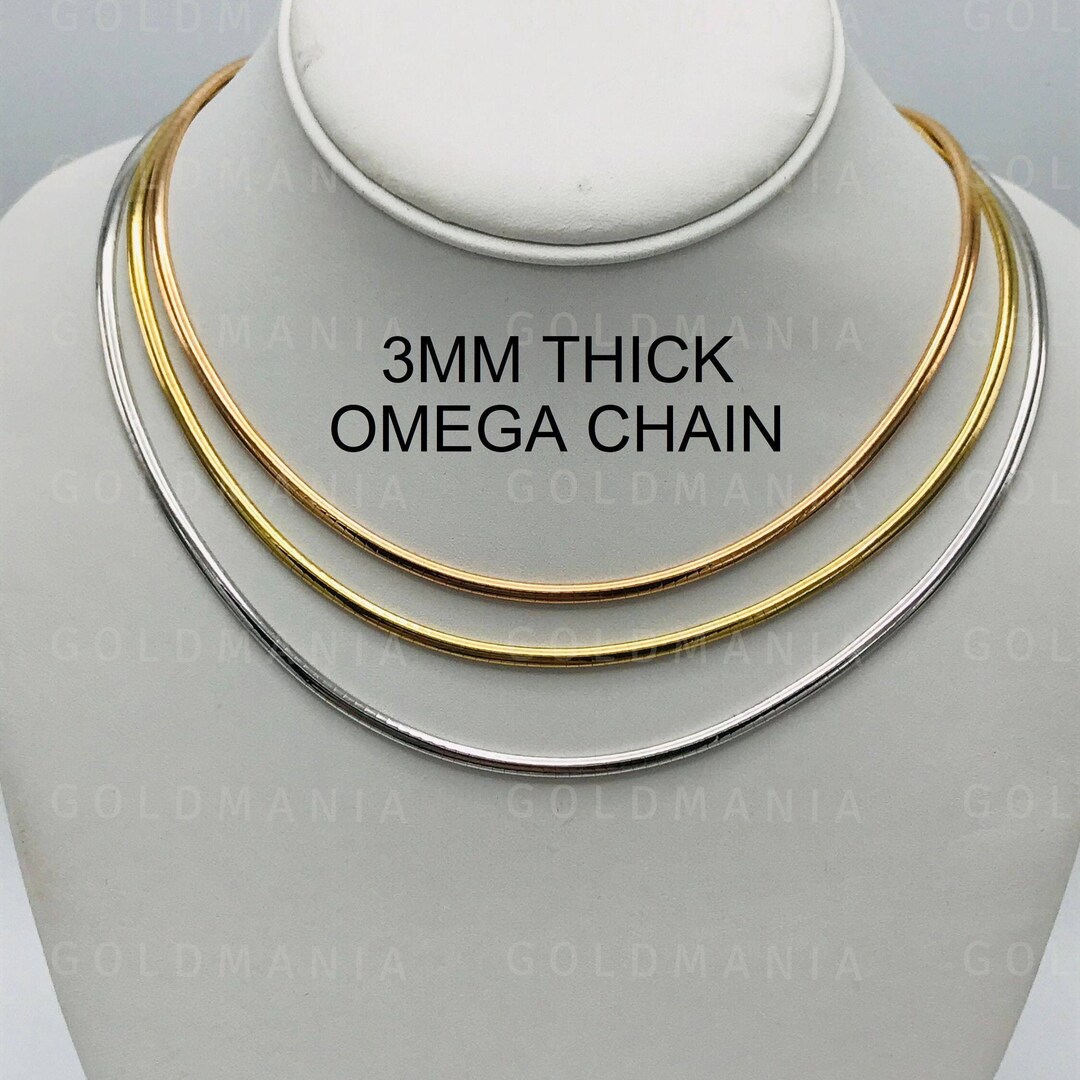 14K Solid Gold Omega Chain Necklace, 16" 18" 20", 3MM Thick, 14K Yellow ...