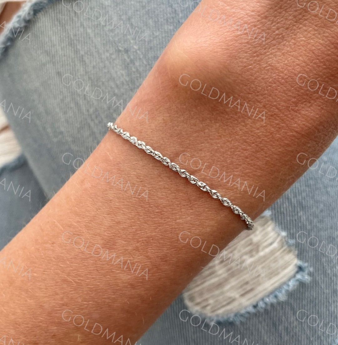 14K Solid White Gold Diamond Cut Rope Chain Bracelet, 7", 2mm Thick ...