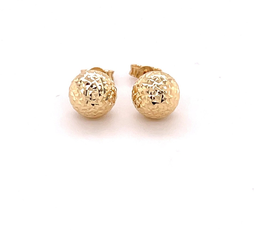 14K Gold Crystal Cut Ball Stud Earring Set, 5mm 7mm Thick, Real Gold ...