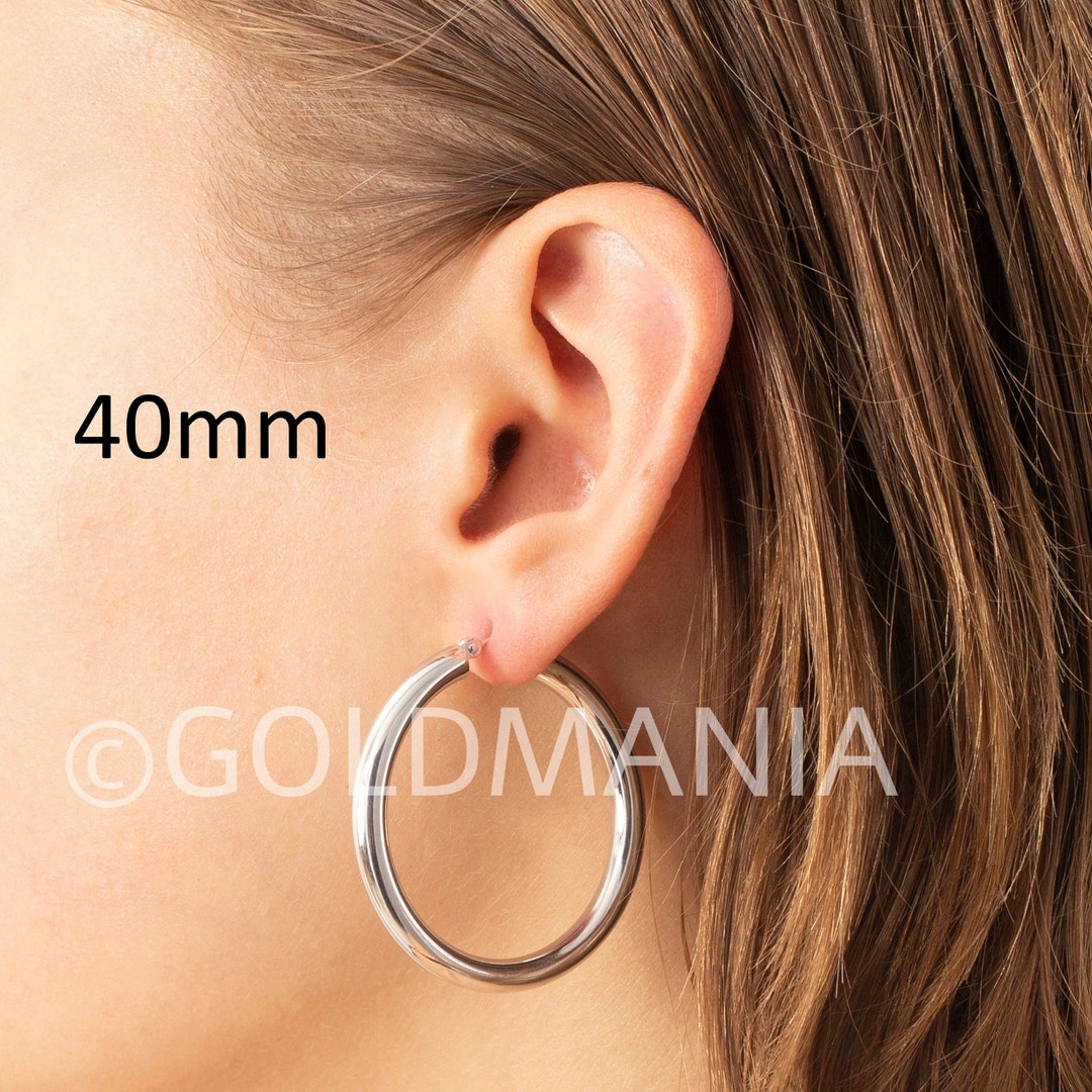 14K White Gold Hoop Earrings, 4mm Thick, 25mm 30mm 40mm, Classic Gold ...