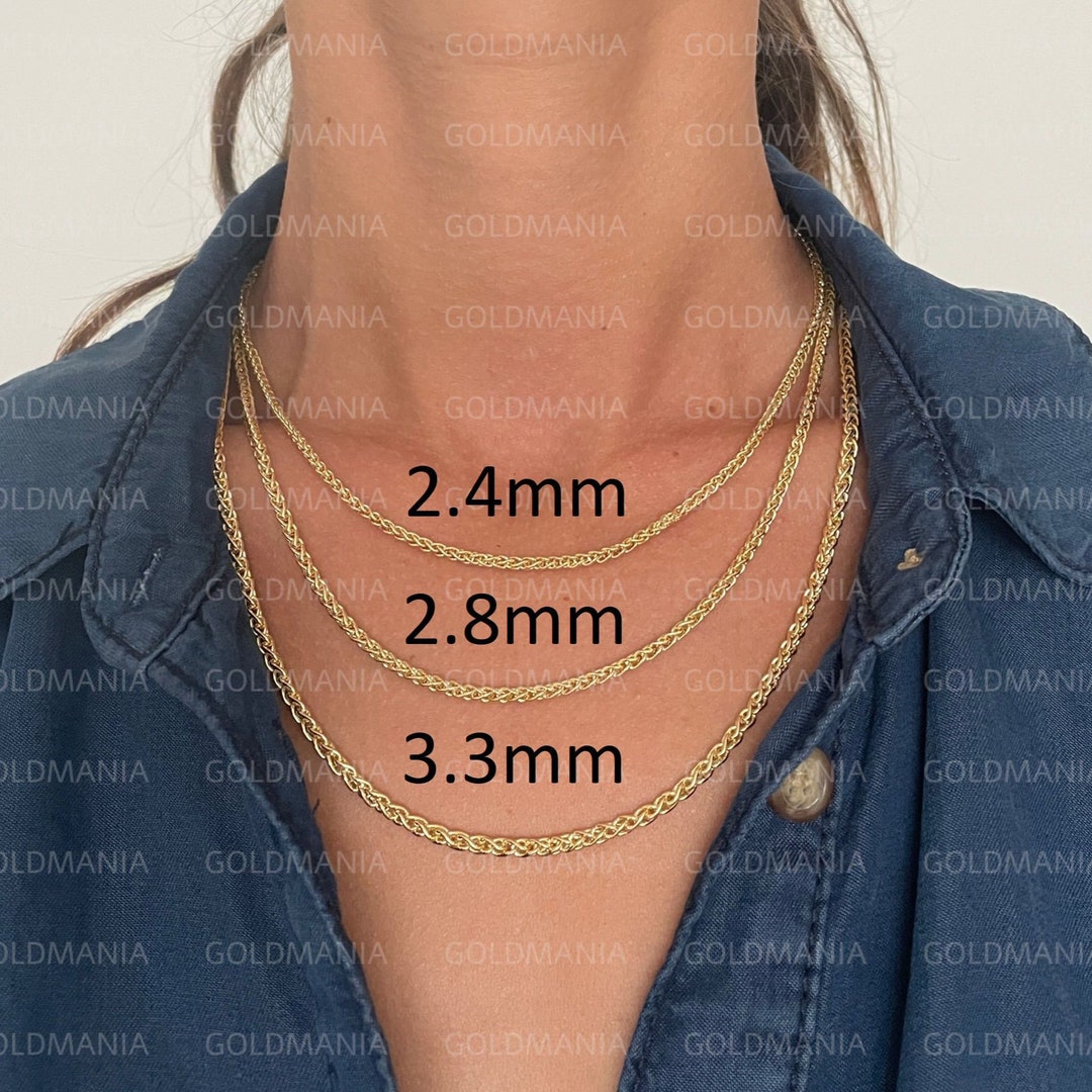 14K Yellow Gold Round Wheat Chain Necklace, 16 18 20 24 Inch, 2.4mm 2 ...