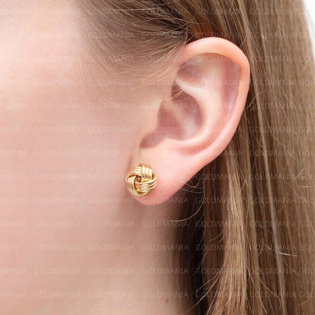 14K Yellow Gold Love Knot Stud Earring Set, 11mm Thick, Real Gold ...