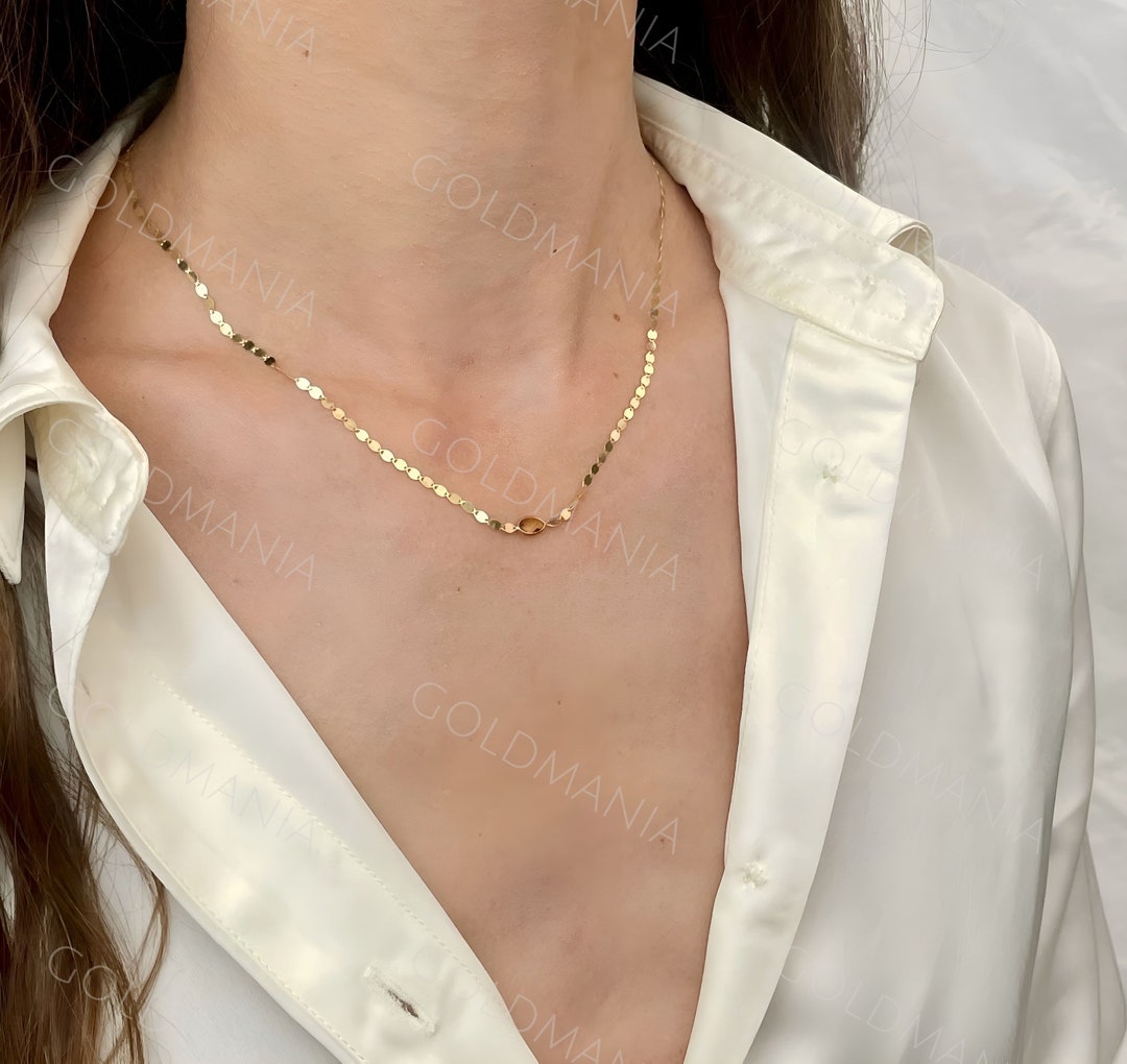 14K Yellow Gold Oval Citrine Mirror Link Chain Necklace, 16 Inch, Real ...