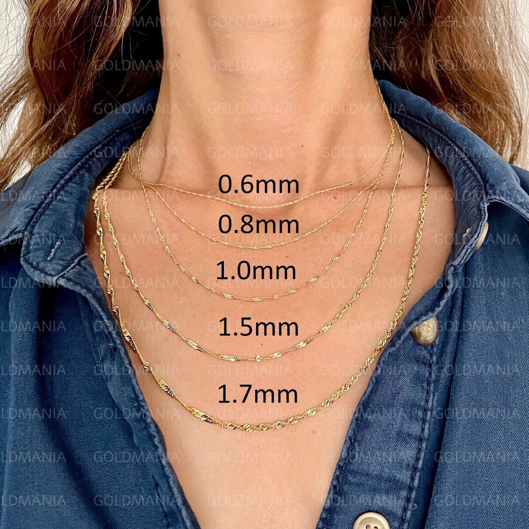 14K Solid Yellow Gold Singapore Rope Chain Necklace, 16" 18" 20" 22" 24 ...