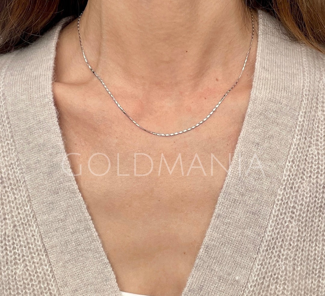 14K Solid White Gold Bar Link Lumina Chain Necklace, 16" 18" 20" Inch, 1mm Thick, Real Gold ...