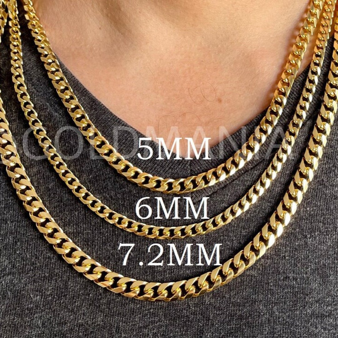 14K Solid Gold Miami Cuban Chain Necklace, 20" 22" 24" 30" Inch, 5mm 6mm 7.2mm Thick, Real Gold ...