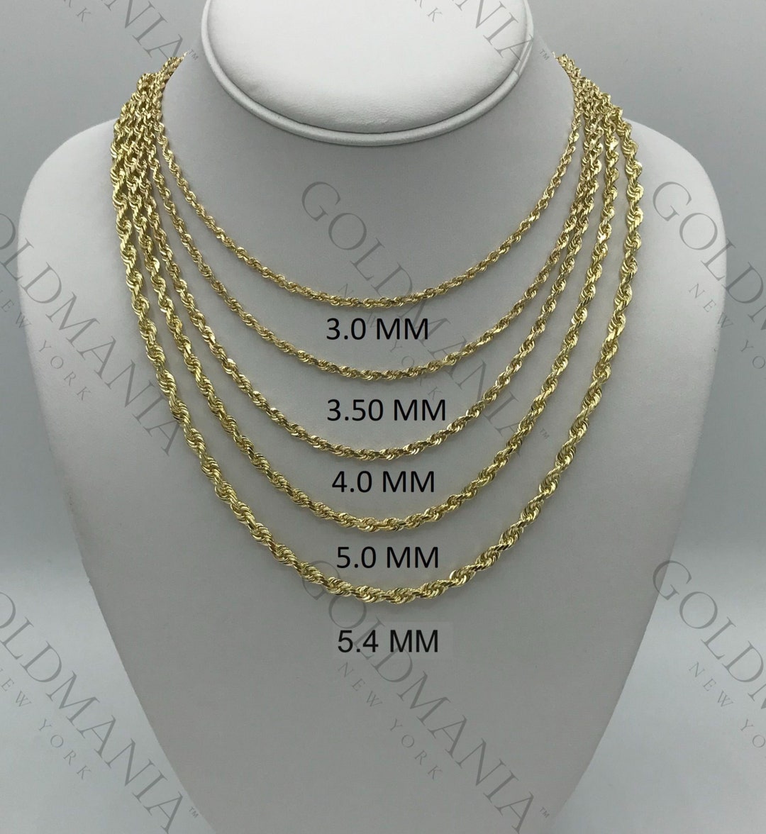 14K Solid Yellow Gold Diamond Cut Rope Chain Necklace, 16" - 30", 2.75 ...