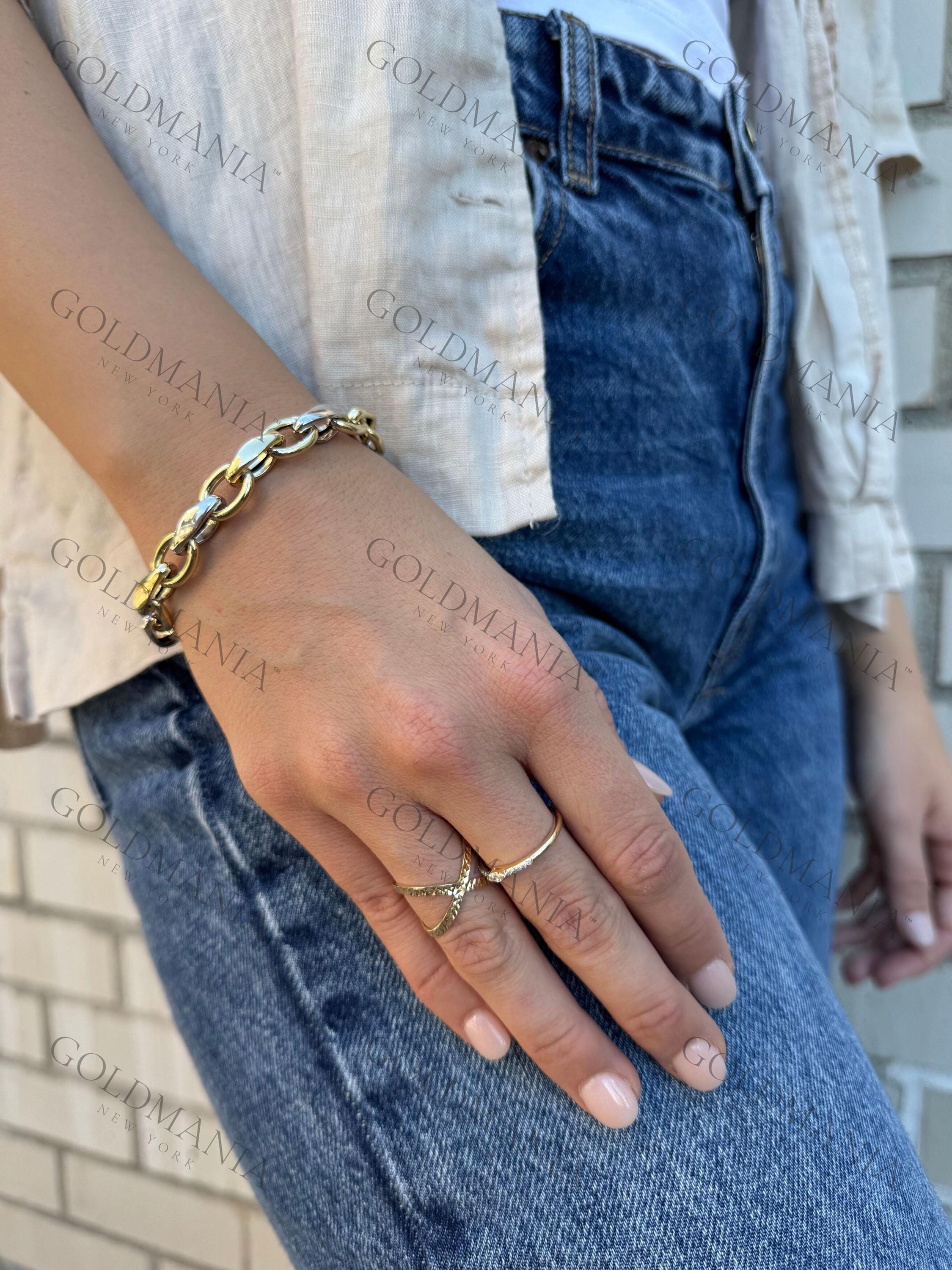 14K Two Tone Gold Italian Rolo Chain Bracelet: Chunky Oval Link, 7.75 ...