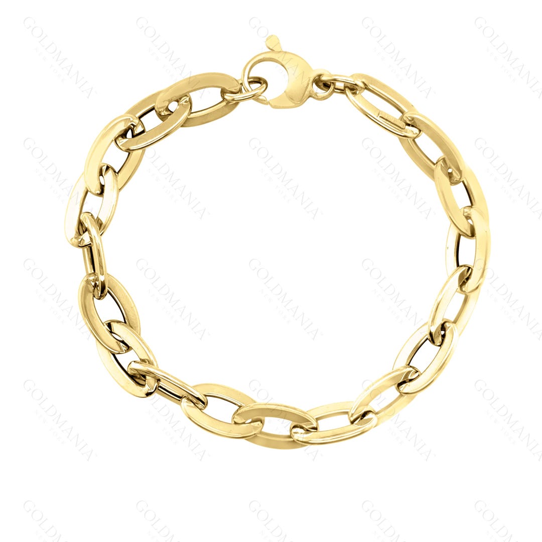 14K Gold Flat Oval Link Rolo Chain Bracelet: 7.5", 7.5mm Thick - Etsy