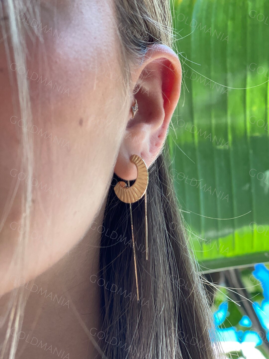 14K Yellow Gold Scalloped Post Hoop Earrings Set, 19mm by 6mm, Real ...