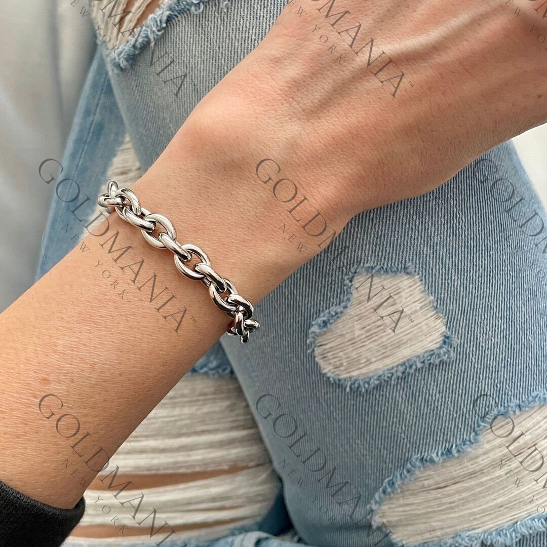 14K White Gold Oval Link Rolo Chain Bracelet, 7.50" Inch, 8.5mm Thick ...