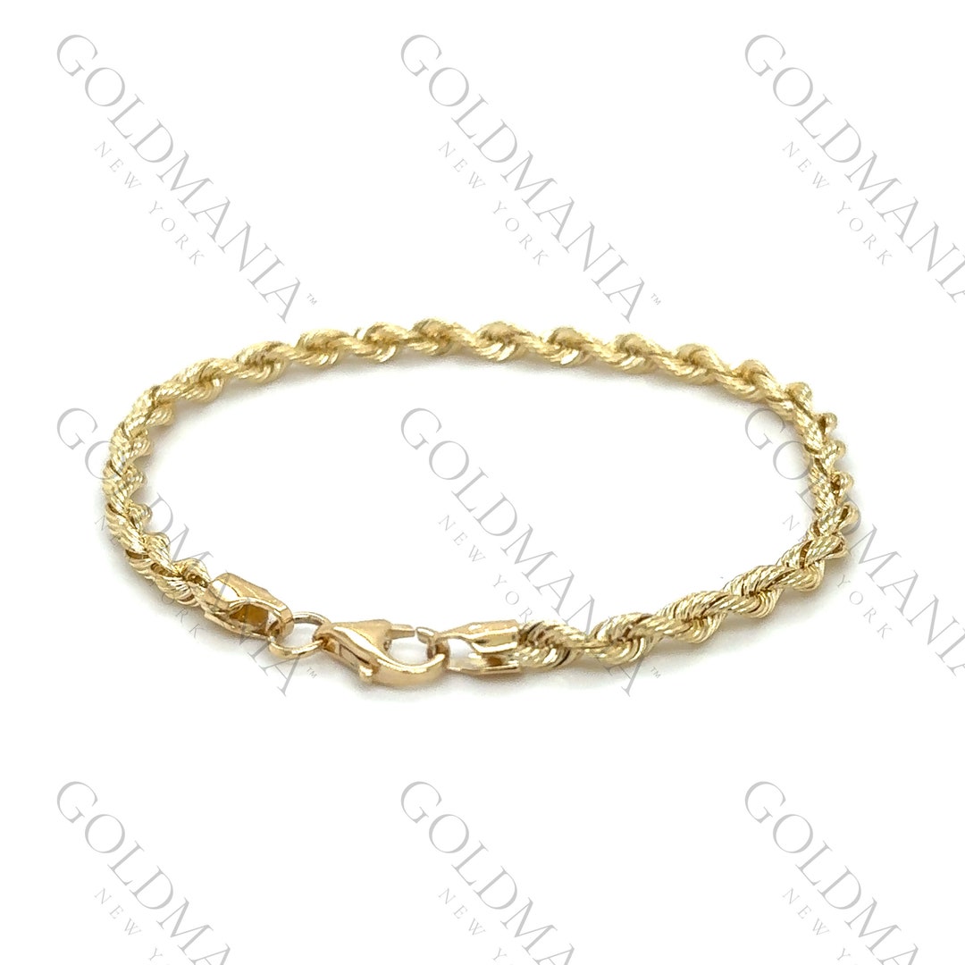 14K Solid Yellow Gold Rope Bracelet, 3 Mm, 3.7 Mm Thick, 7 8 Inch, Real Gold Bracelet, Smooth ...