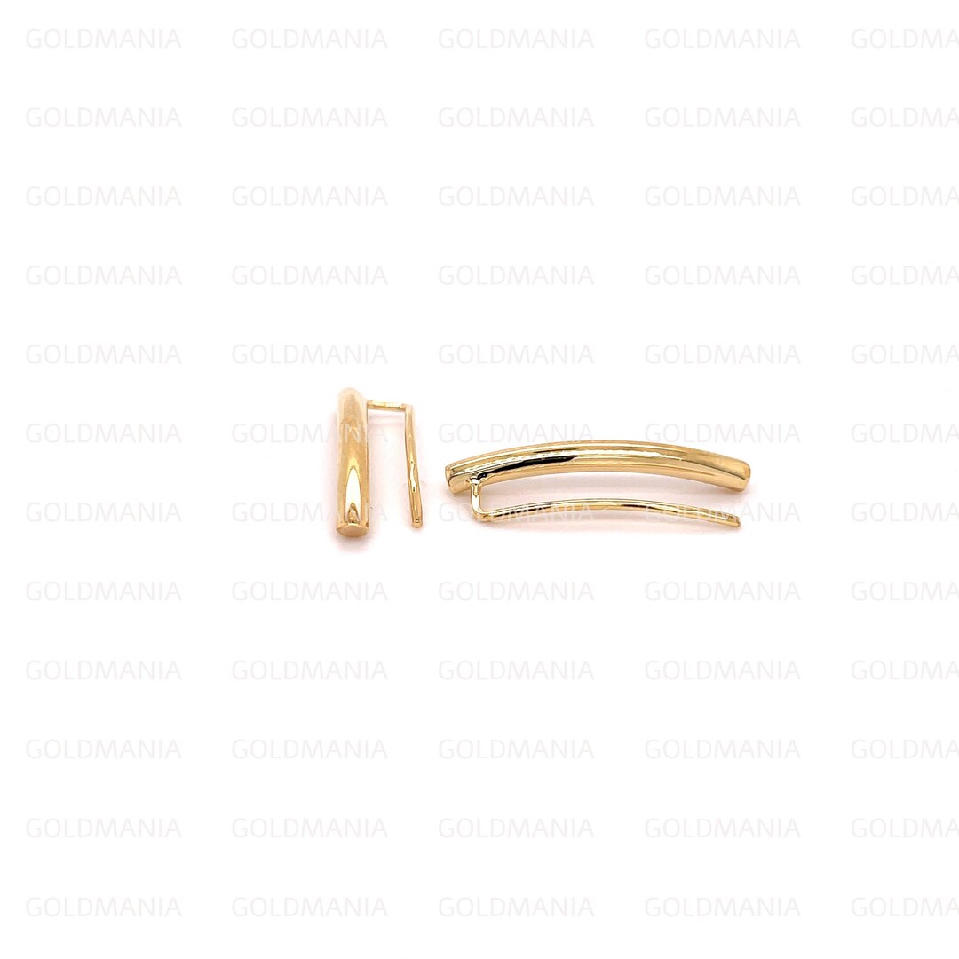 14K Yellow Gold Curved Bar Ear Climbers, Real Gold Earrings, Women Gold ...
