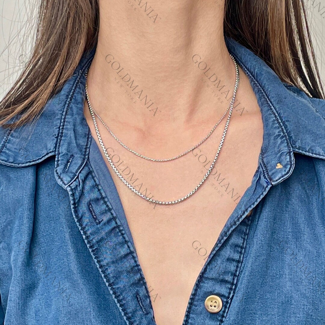 14K Solid White Gold Round Box Chain Necklace, 1.7mm 2.4mm Thick, 16 ...