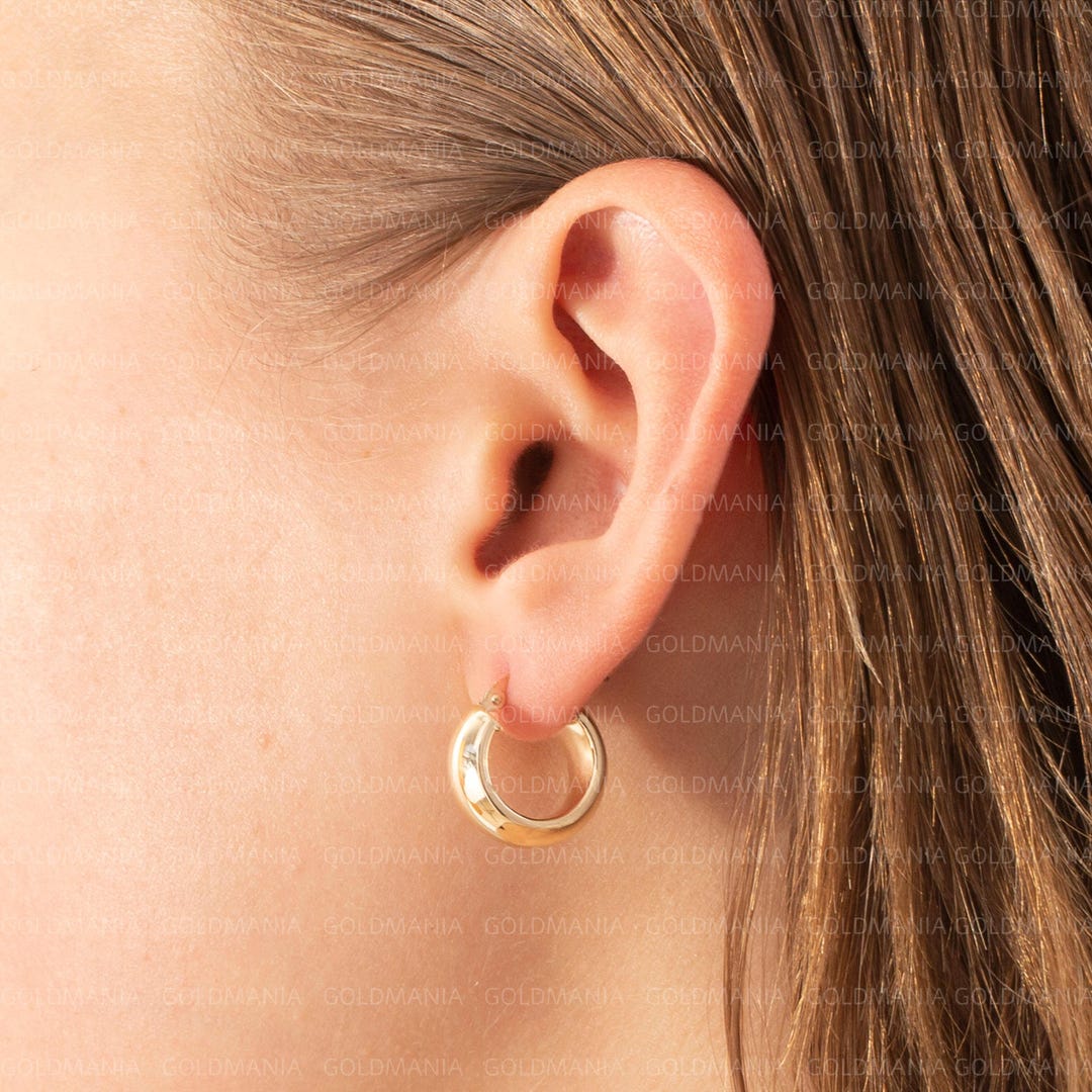 14K Yellow Gold Hoop Earrings Set, 7mm Thick, 10mm Wide, Real Gold ...