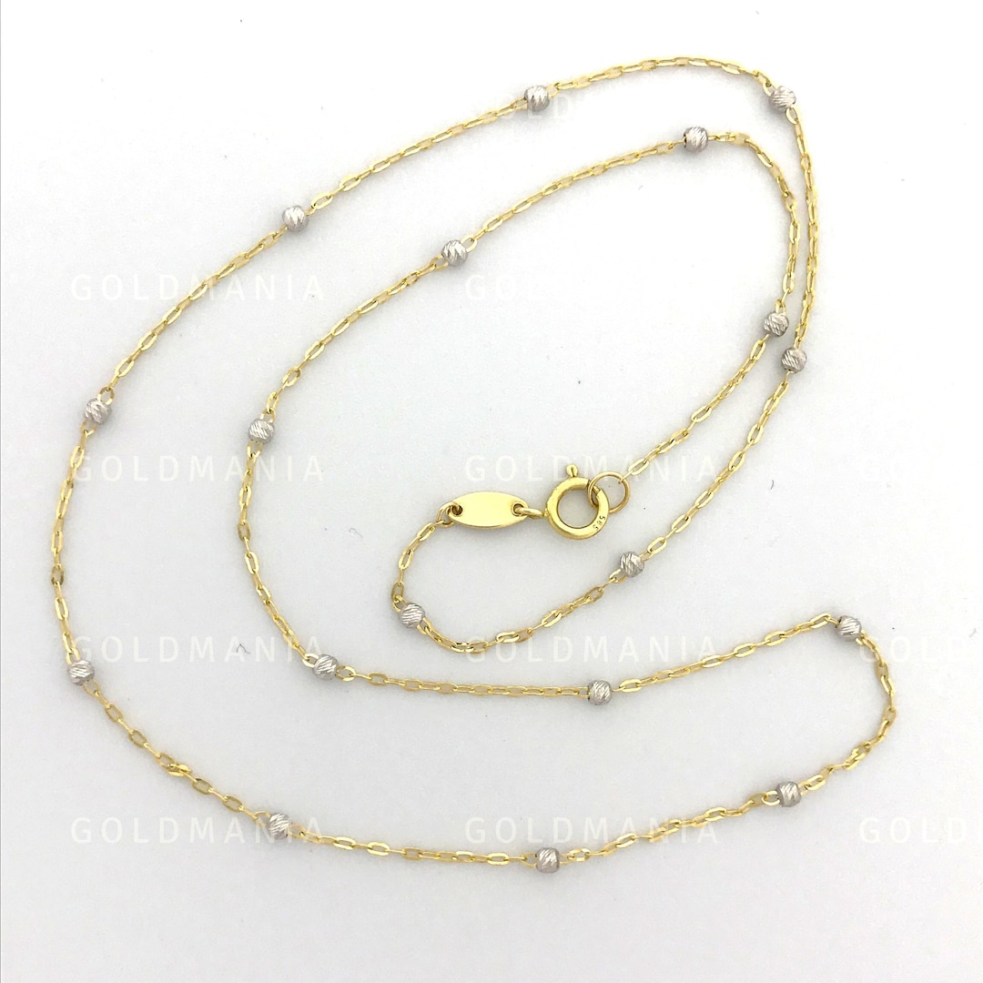 14K Two Tone Gold Bead Station Chain Necklace, 16" 18", Real Gold Chain ...