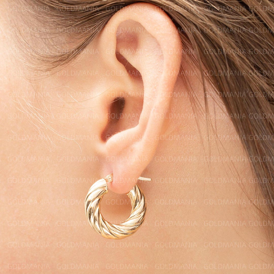 14K Gold Twisted Hoop Earring Set, 22mm Wide, 6mm Thick Hoops, Real ...