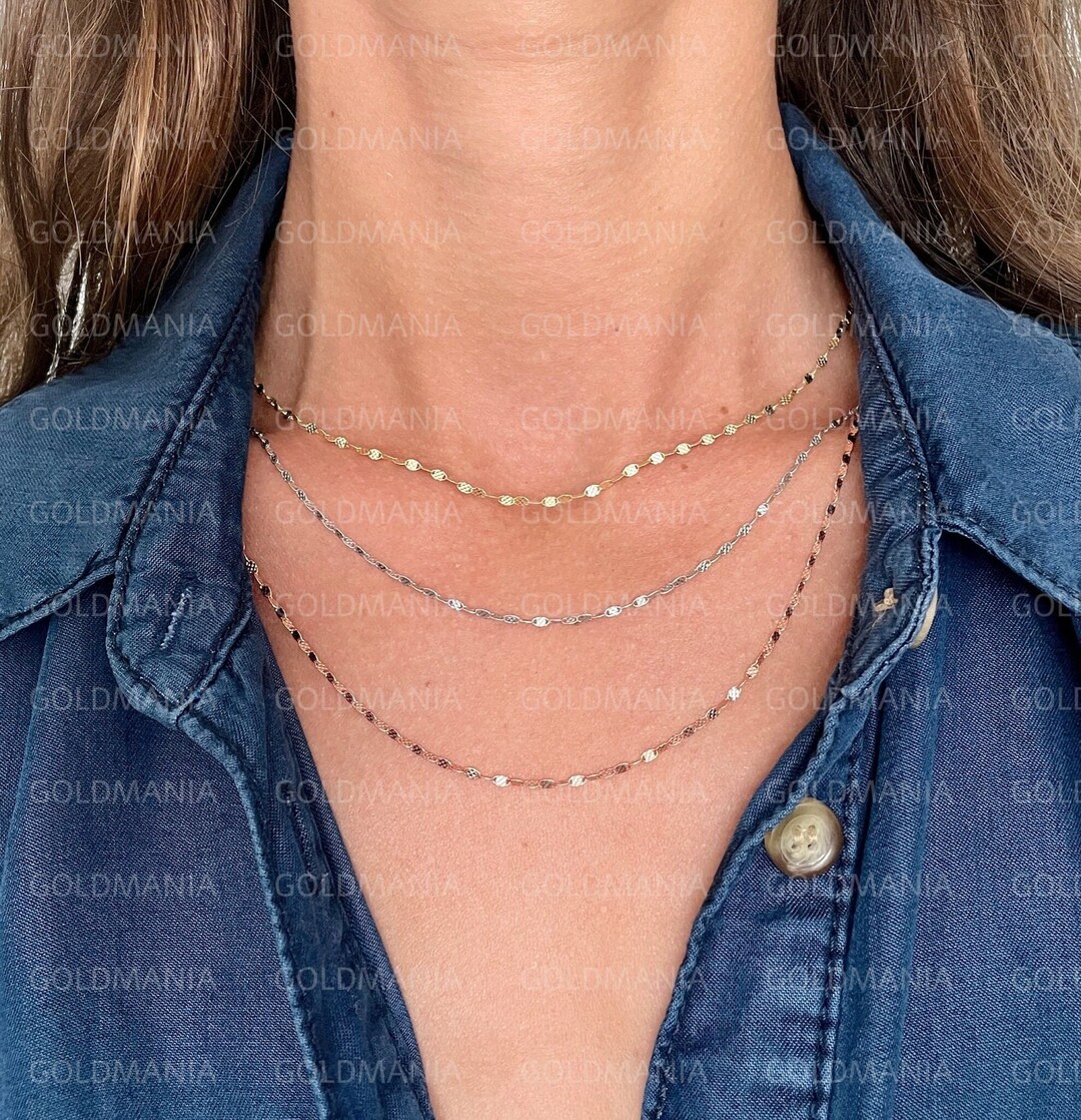 14K Gold Diamond Cut Mirror Chain Necklace, 16 18 24, 1.7mm Thick, 14K ...