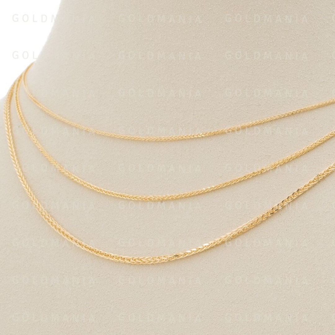 14K Yellow Gold Wheat Chain Necklace, 16 18 20 24 Inch, 1mm 1.25mm 2 ...