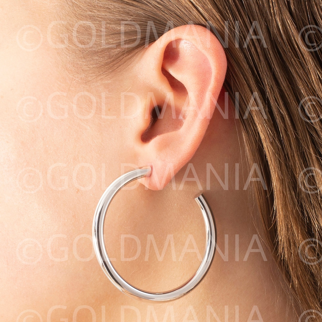 14K White Gold Post Hoop Earring Set, 40mm, 4mm Thick, Real Gold Hoops ...
