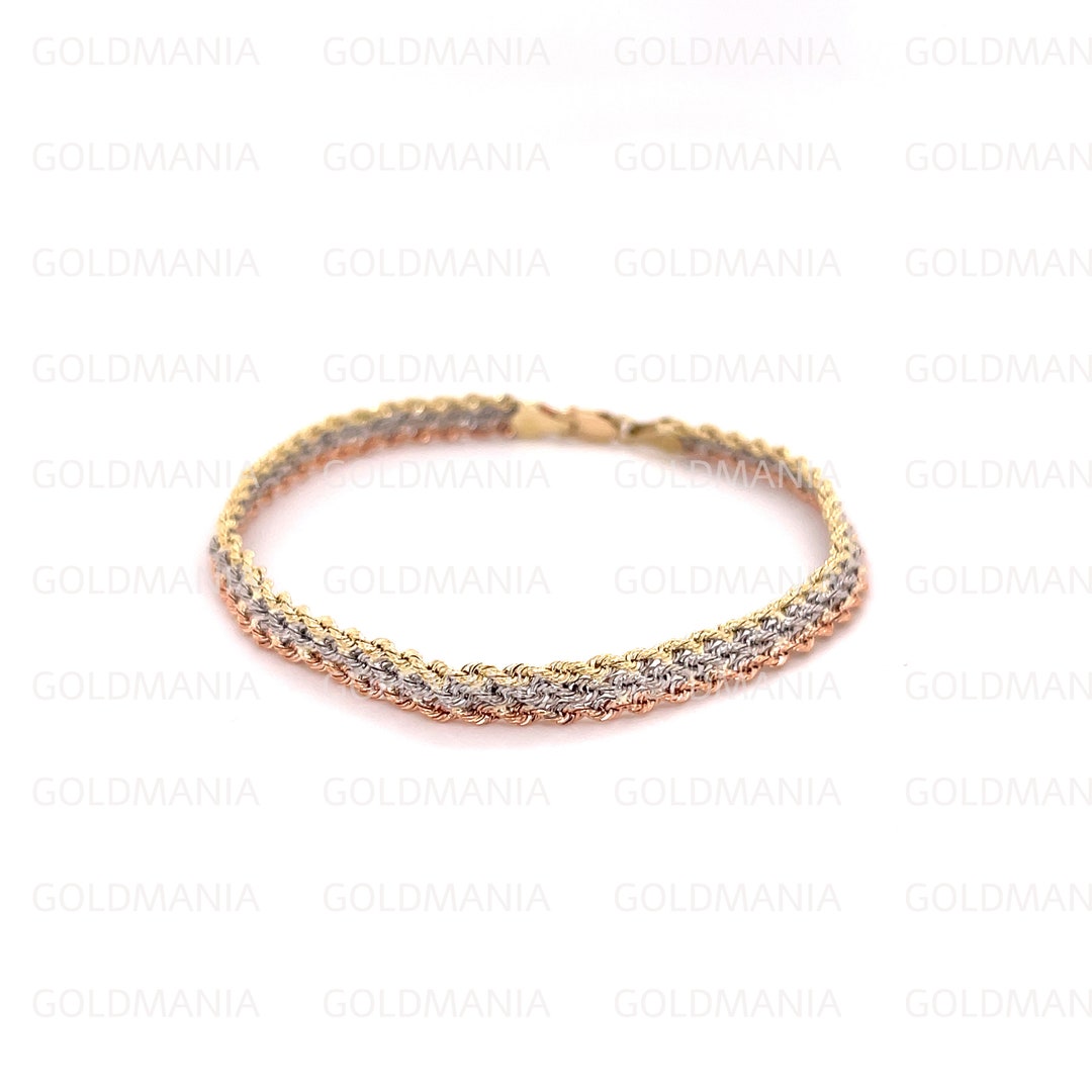 10K Tricolor Gold Triple Rope Chain Bracelet, 5mm Thick, 7.5" Inch ...
