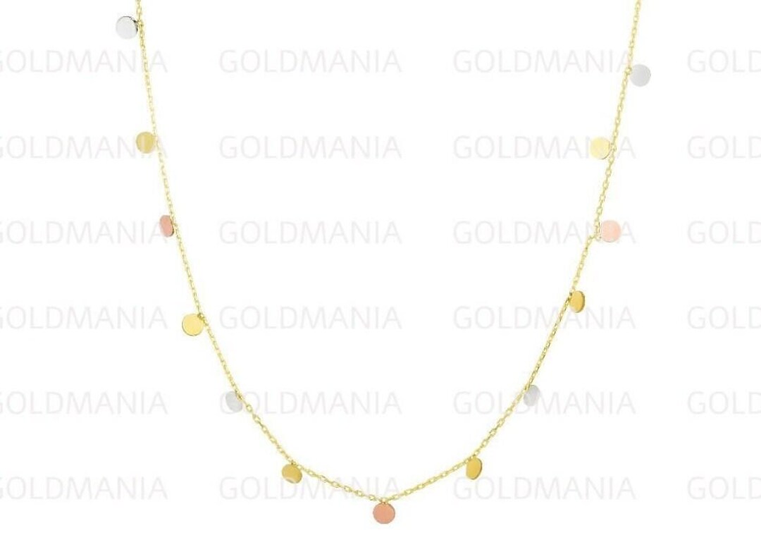 14K Tricolor Gold Dangle Disc Chain Necklace - Dainty 18 Inch Chain - Etsy