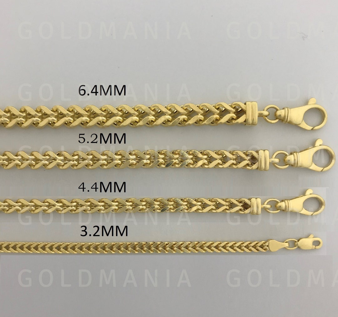 14K Yellow Gold Square Franco Chain Necklace, 3.2mm 4.4mm 5.2mm 6.4mm ...